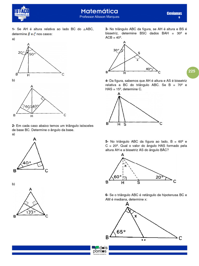Exercícios sobre Cevianas e Bissetrizes | PDF | Triângulo | Geometria ...