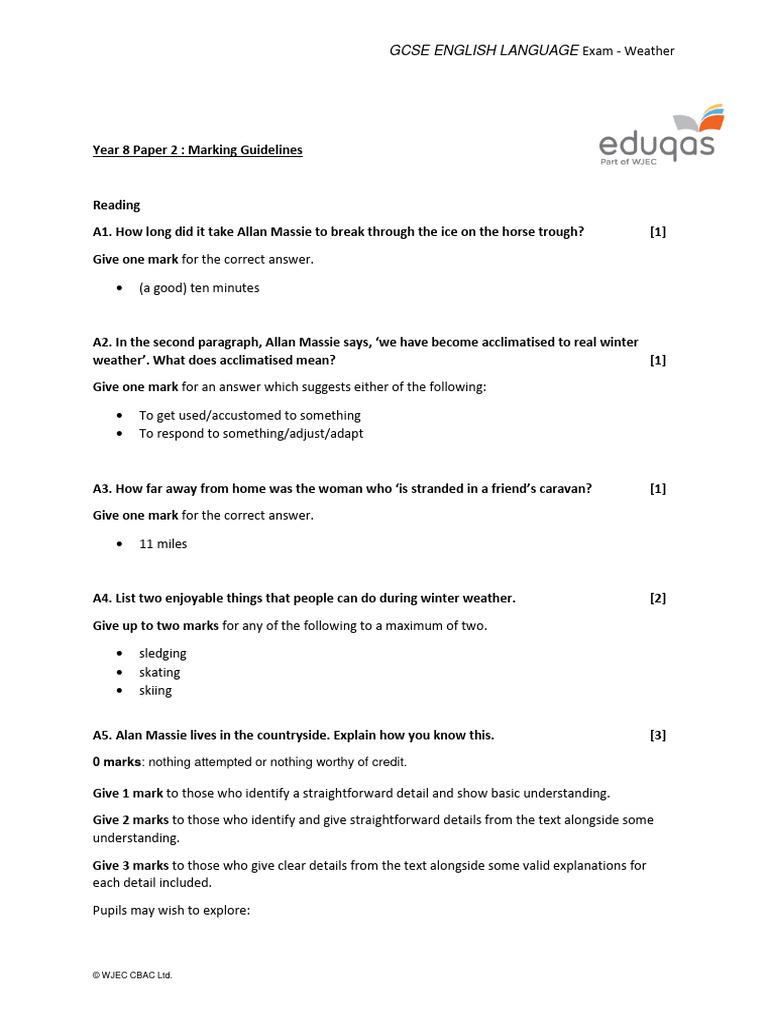 6 KS3 Resources Year 8 Component 2' Exam Weather-Marking Guidelines | PDF