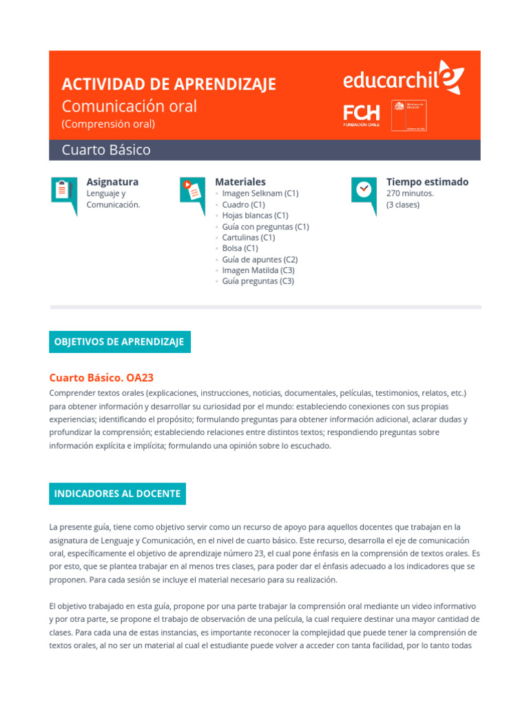 Lenguaje Cuarto Ba - Sico - OA 23 | PDF