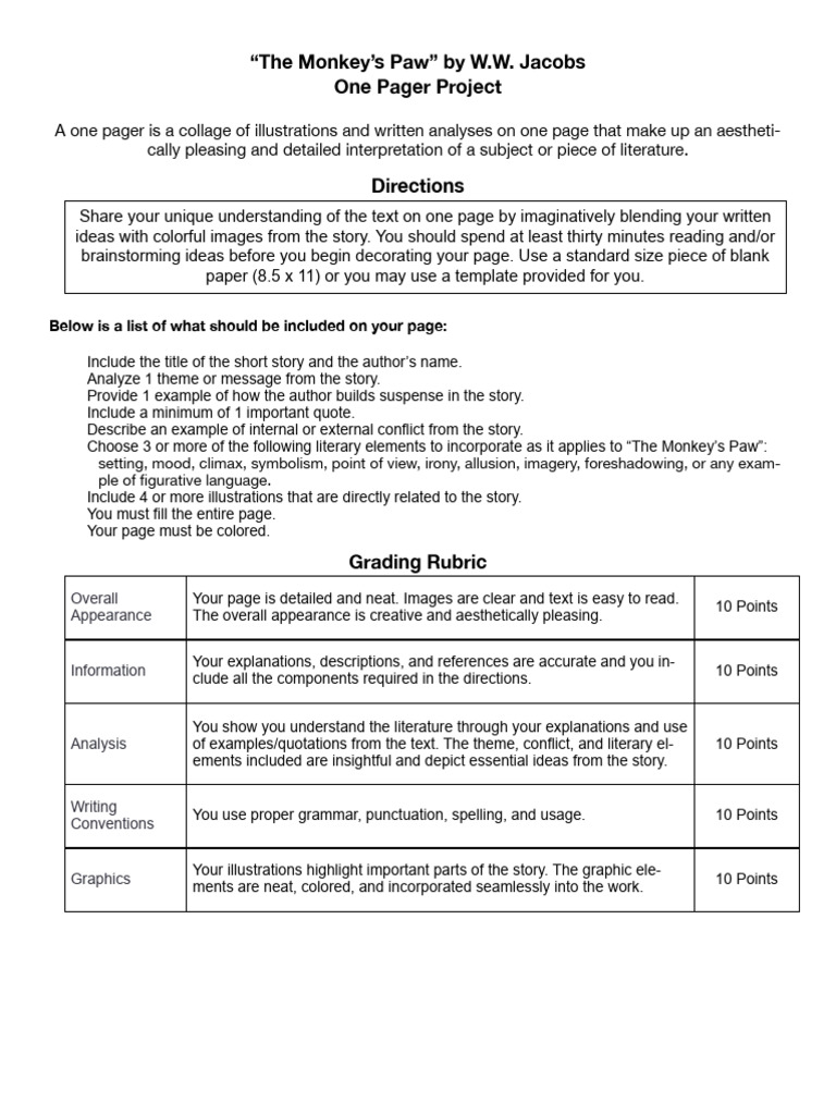 The Monkeys Paw One Pager | PDF | Aesthetics | The Arts