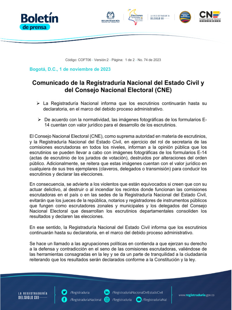 Boletín 74 Conjunto Rnec y Cne (E14 Imágenes y Escrutinios) | PDF ...