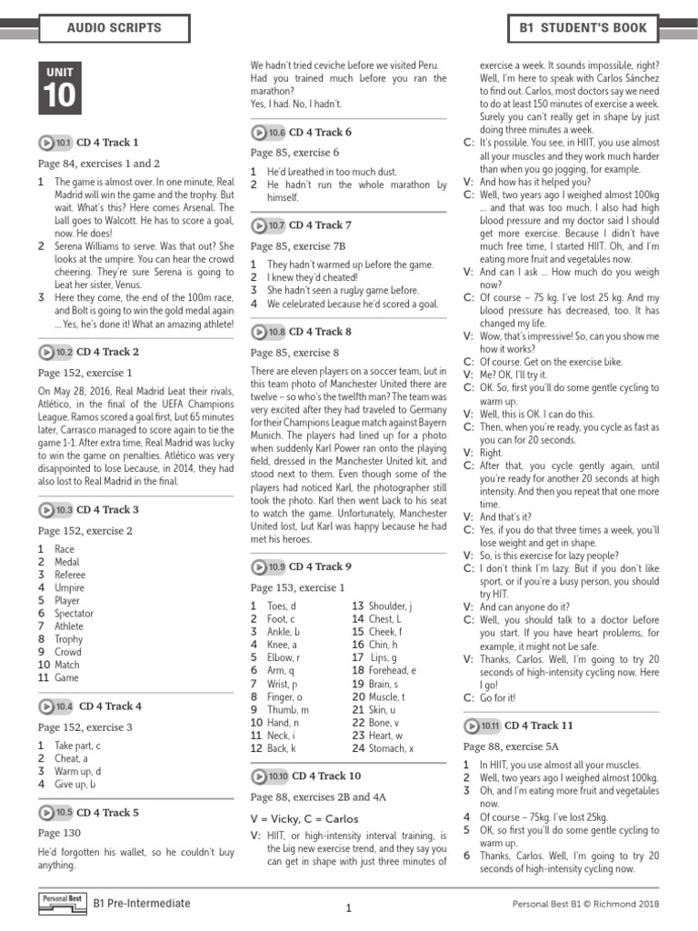 PB AmE B1 SB Audioscript U10 | PDF | Hand | High Intensity Interval Training