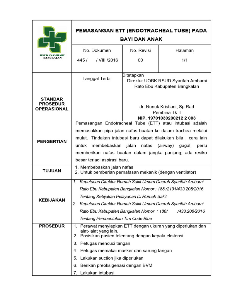Spo Pemasangan Endotracheal Tube (Ett) Pada Bayi Dan Anak | PDF