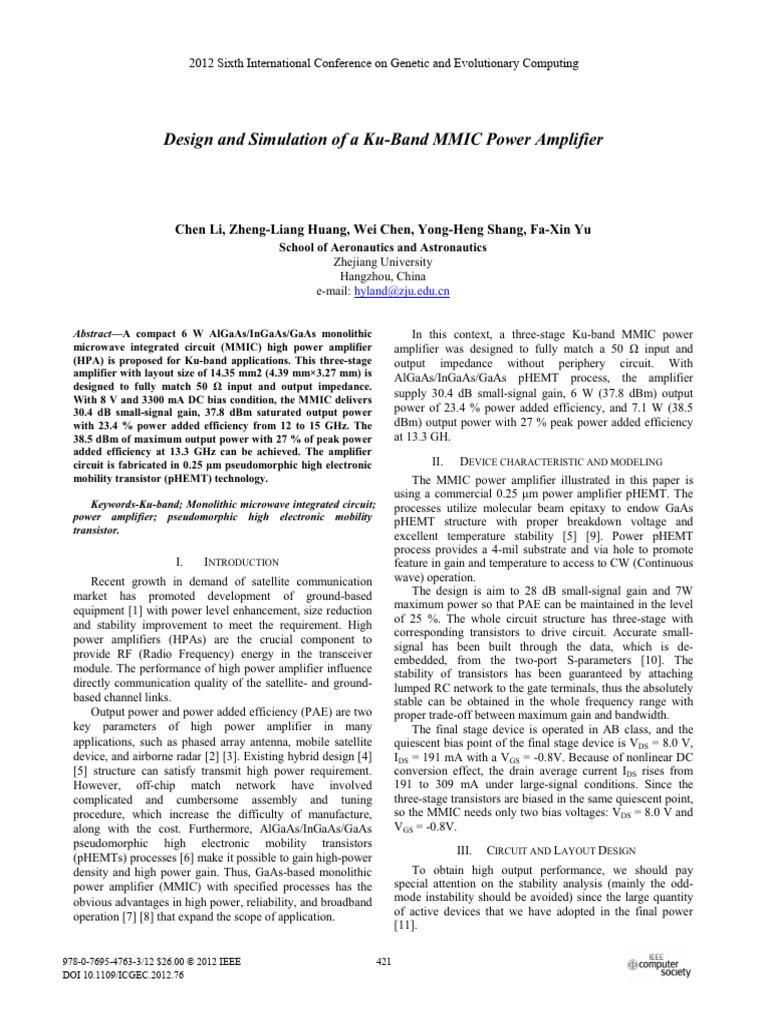 Design and Simulation of A Ku-Band MMIC Power Amplifier | PDF | Amplifier | Transistor