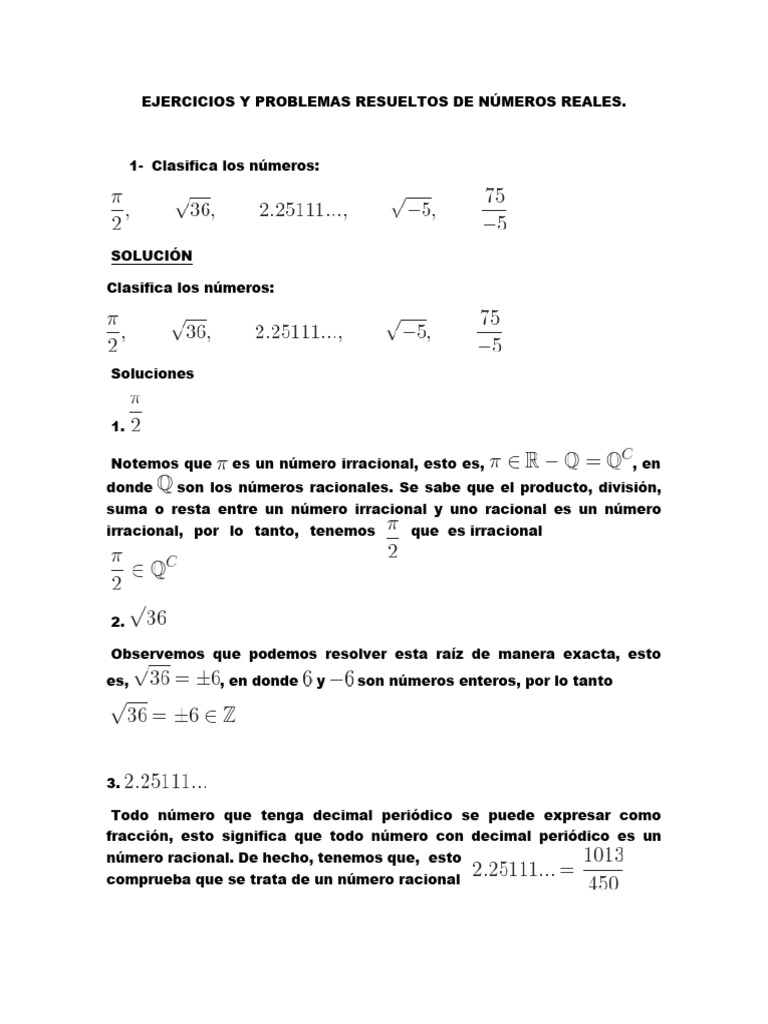 Ejercicios y Problemas Resueltos de Números Reales | PDF