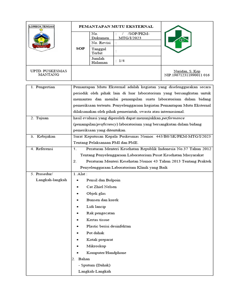 Prosedur Pemantapan Mutu Eksternal Laboratorium | PDF | Pengembangan ...