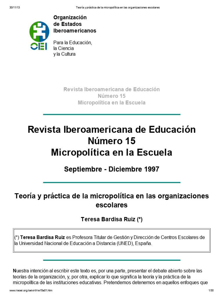 GESTION 3 Teor A y PR Ctica de La Micropol Tica en Las Organizaciones Escolares | PDF ...