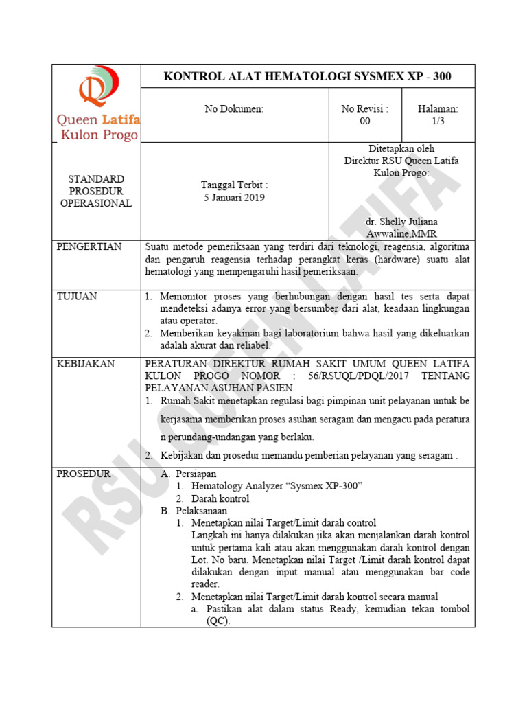 Spo Kontrol Alat Hematologi Sysmex XP Editkp | PDF