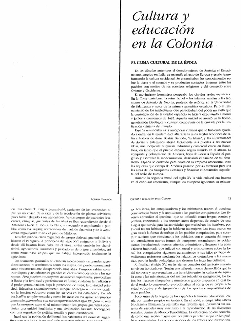 Cultura y Educación en La Colonia | PDF