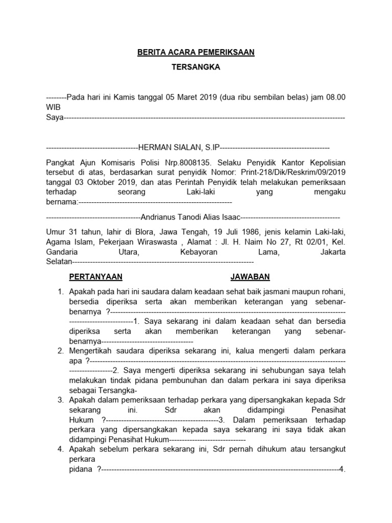 Contoh BERITA ACARA PEMERIKSAAN TERSANGKA | PDF