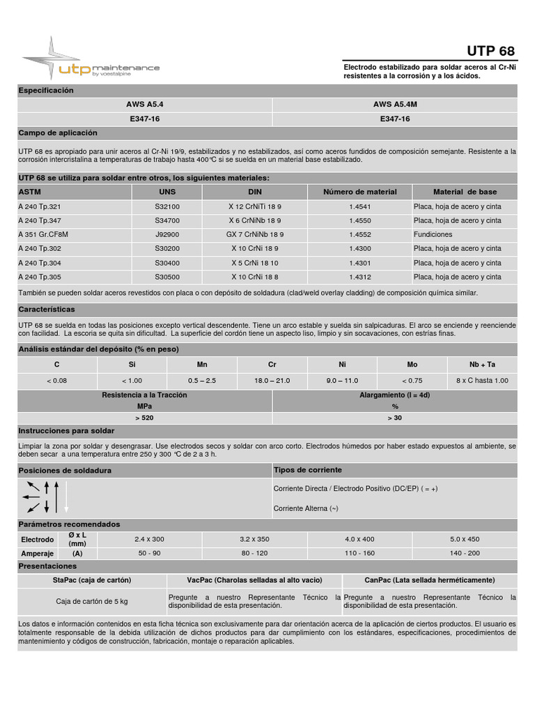Soldaduras Utp Utp 68 | Descargar gratis PDF | Soldadura | Construcción