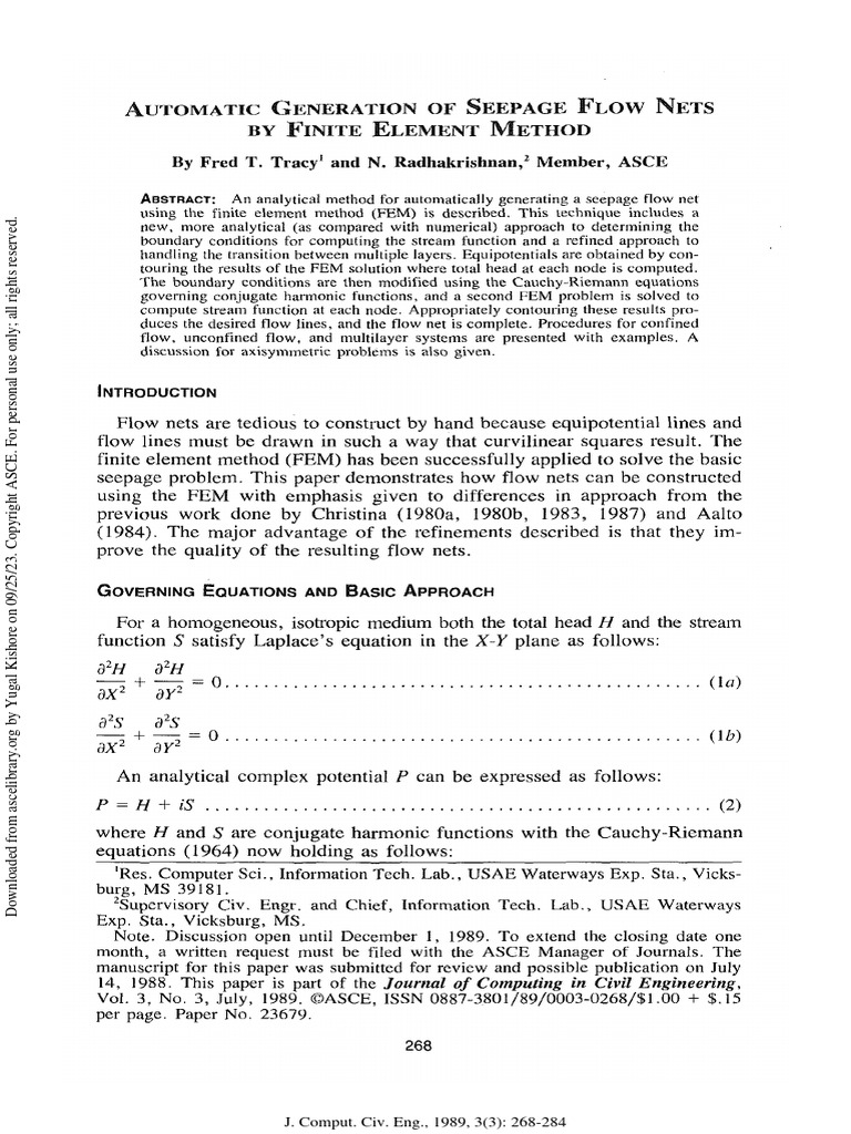 Tracy Radhakrishnan 1989 Automatic Generation of Seepage Flow Nets by Finite Element Method ...