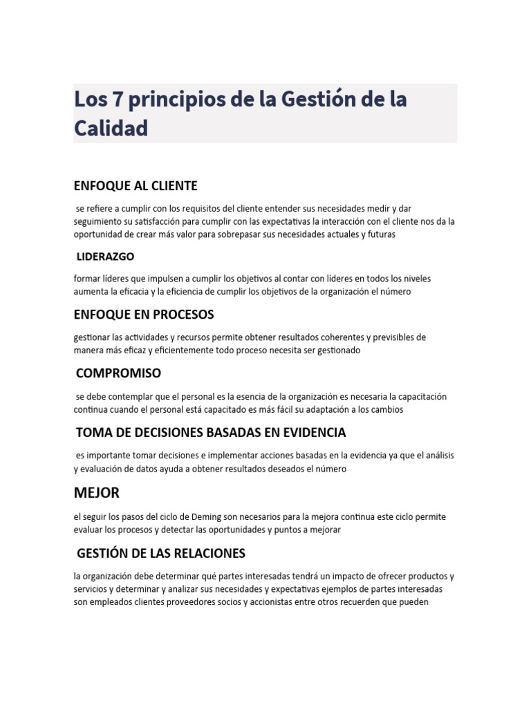 Los 7 Principios de La Gestión de La Calidad | PDF | Calidad (comercial) | Economias