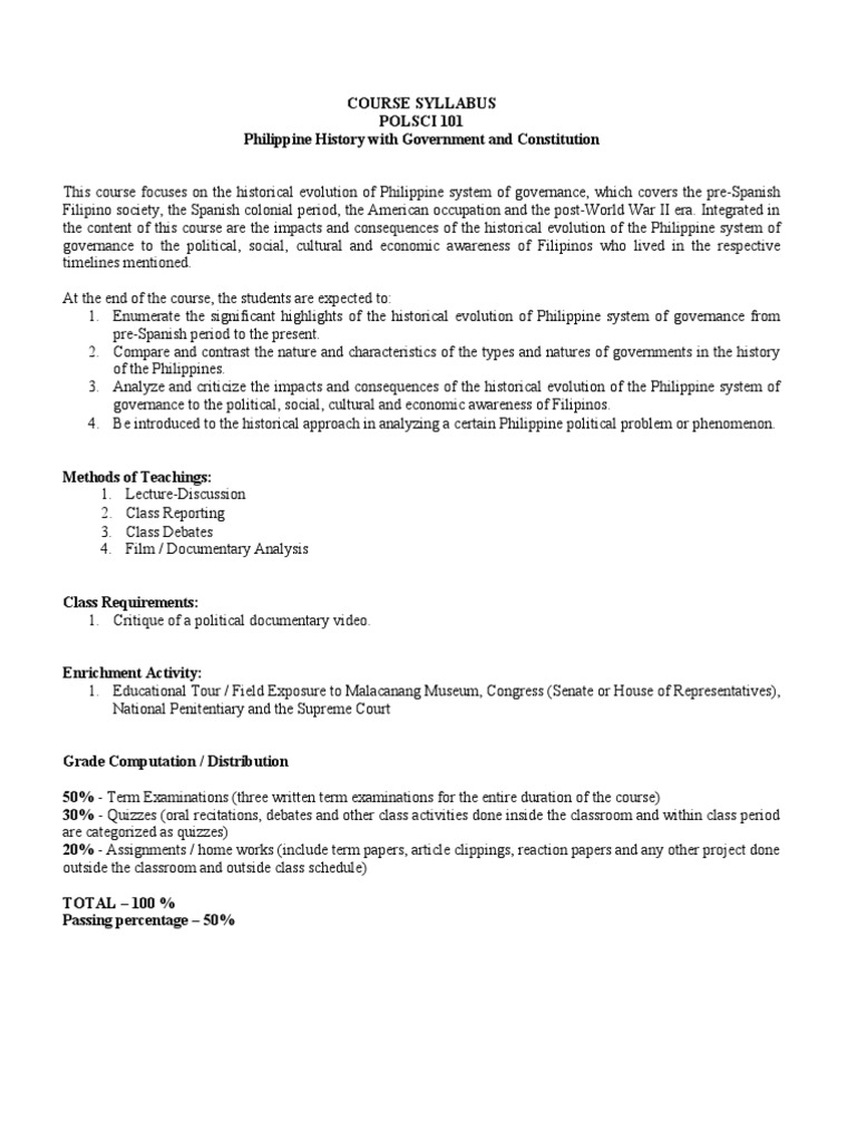 Course Syllabus Polsci 101 | PDF | Philippines | Government