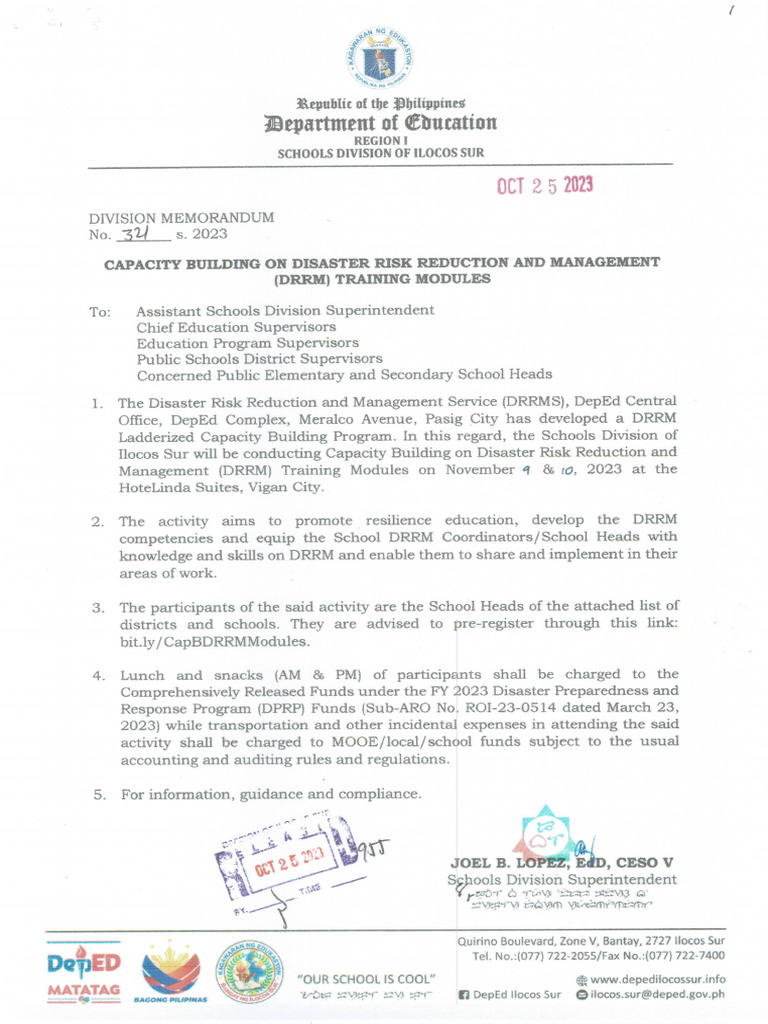 DM No. 321, S. 2023-Capacity Building On Disaster Risk Reduction and Management (DRRM) Training ...