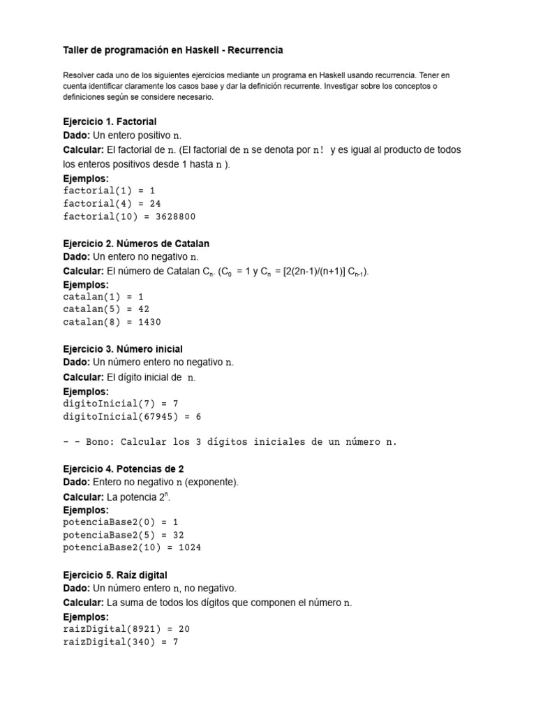 Taller Haskell: Ejercicios de Recurrencia | PDF | Métodos y materiales de enseñanza
