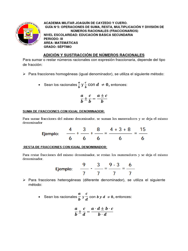 Operaciones de Números Racionales (Fraccionarios) | PDF | División ...