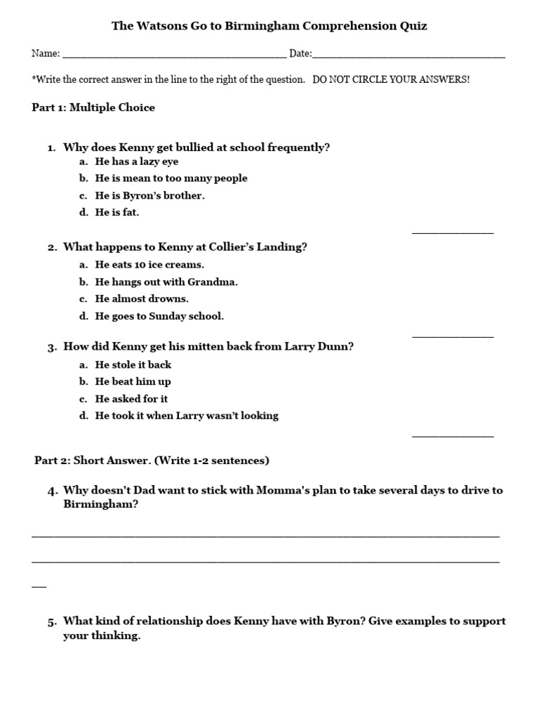 The Watsons Go To Birmingham Comprehension Quiz | PDF