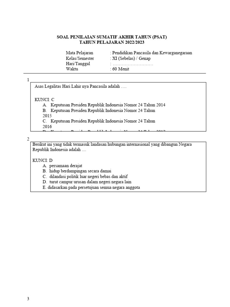 Soal Psat PPKN Kelas Xi 2022-2023 | PDF | Politik
