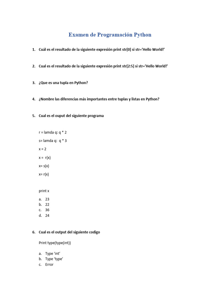 Examen de Programación Python | PDF | Python (lenguaje de programación ... Examen de Programación Python | PDF | Python (lenguaje de programación ...