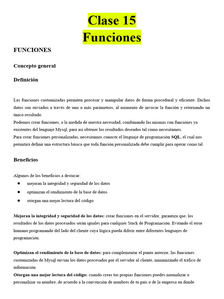 Clase 15 - Funciones | PDF | SQL | Lenguaje de programación