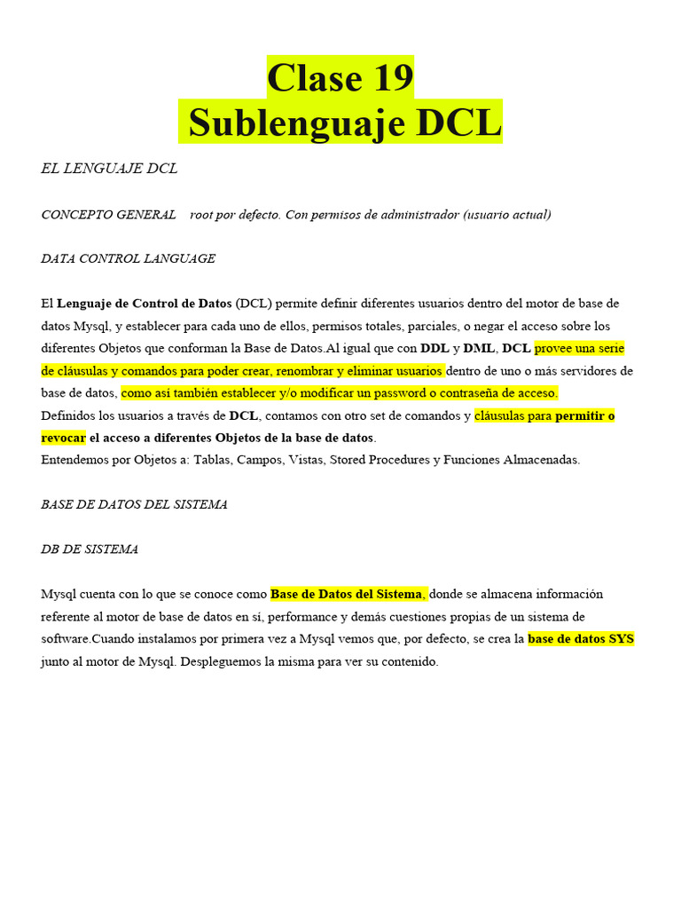 Clase 19 - Sublenguaje DCL | PDF | Mi sql | Bases de datos