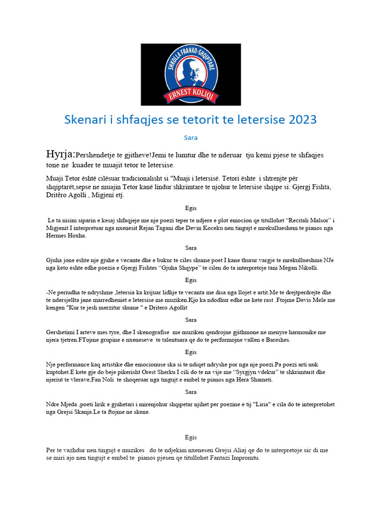 Skenari I Shfaqjes Se Tetorit Te Letersise 2023 | PDF