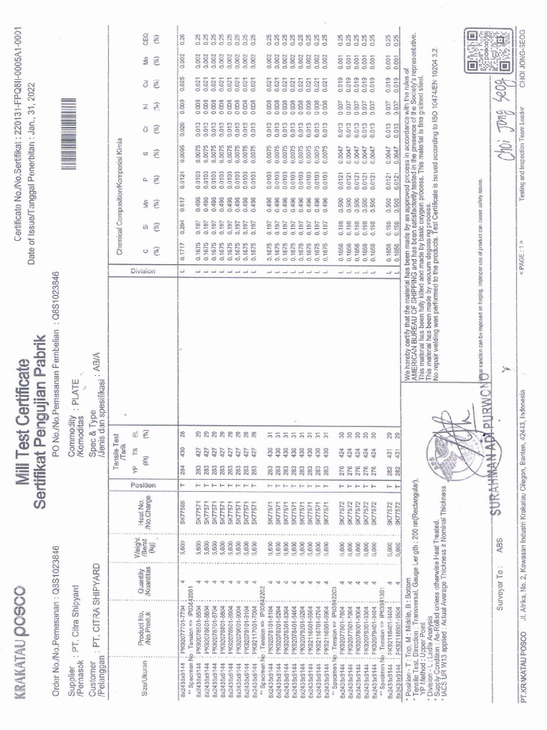 Mill Certificate Plate 8mm, 10mm, 12mm, 14mm (Project TK 270) | PDF