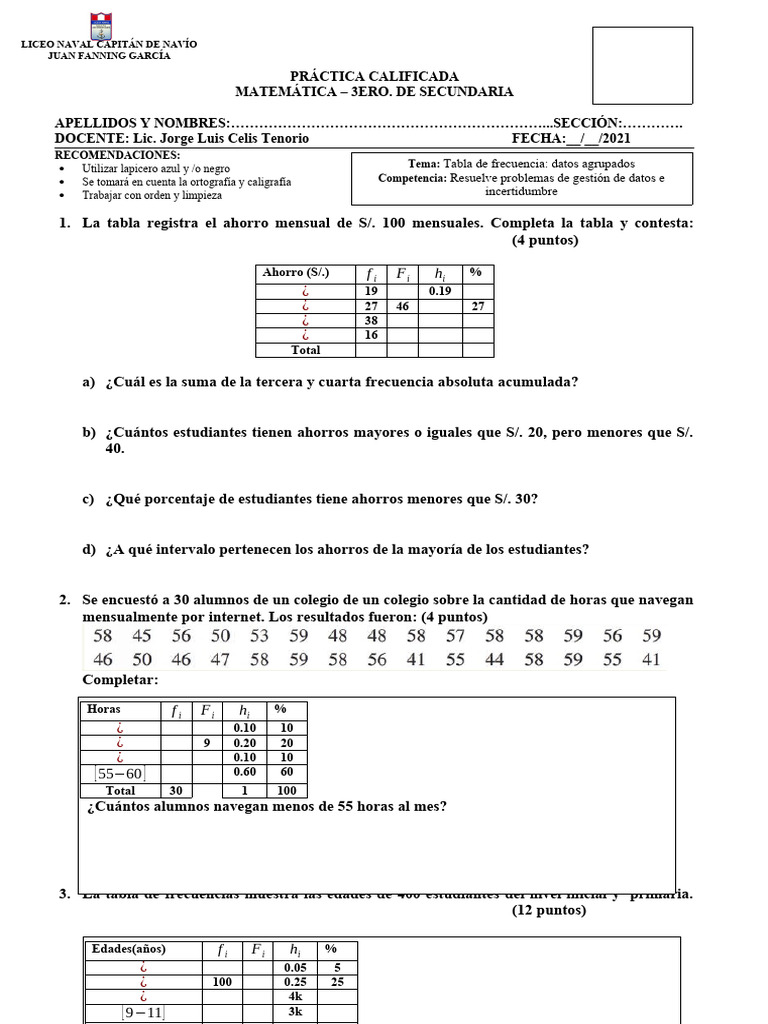 Practica Mat-Tercero-Tabla de Frecuencia-Datos Agrupados | PDF