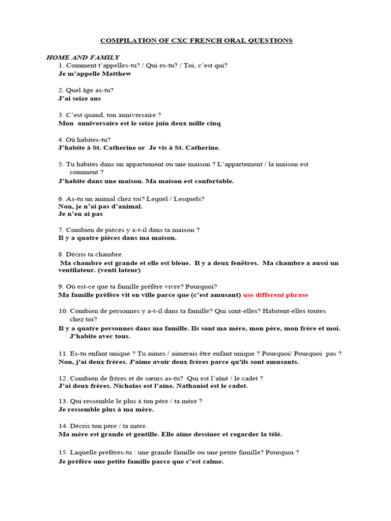 Compilation of CXC French Oral Questions | PDF | Repas