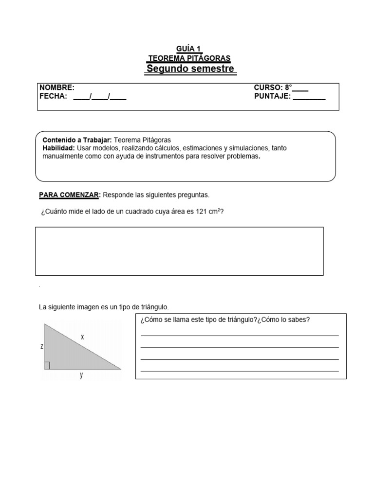 8º Básico Geometría Teorema de Pitágoras | PDF