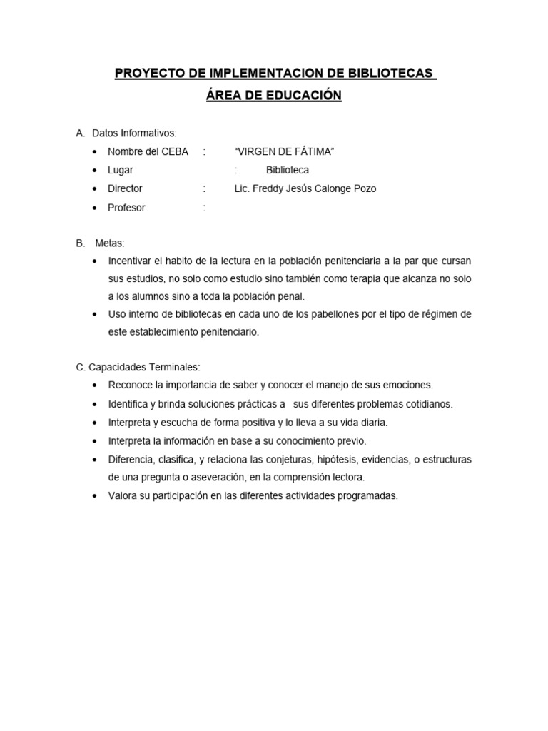 Proyecto de Implementacion de Bibliotecas Educativas 2023 | Descargar gratis PDF | Bibliotecas ...