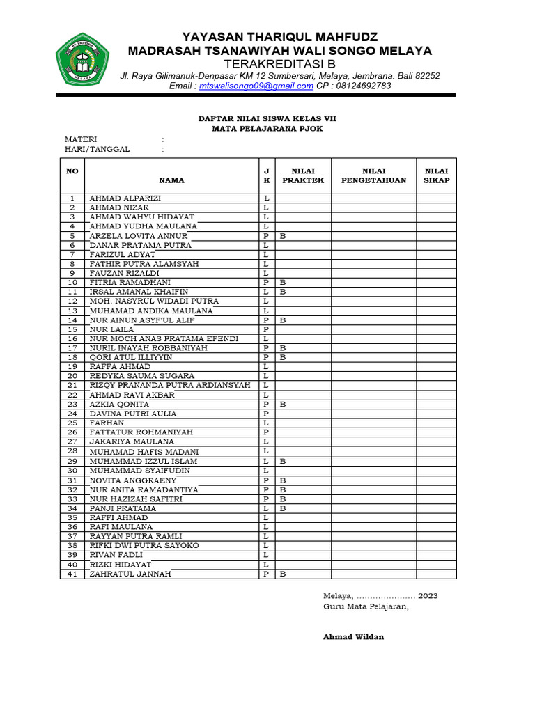 Daftar Nilai Siswa Kelas Vii | PDF