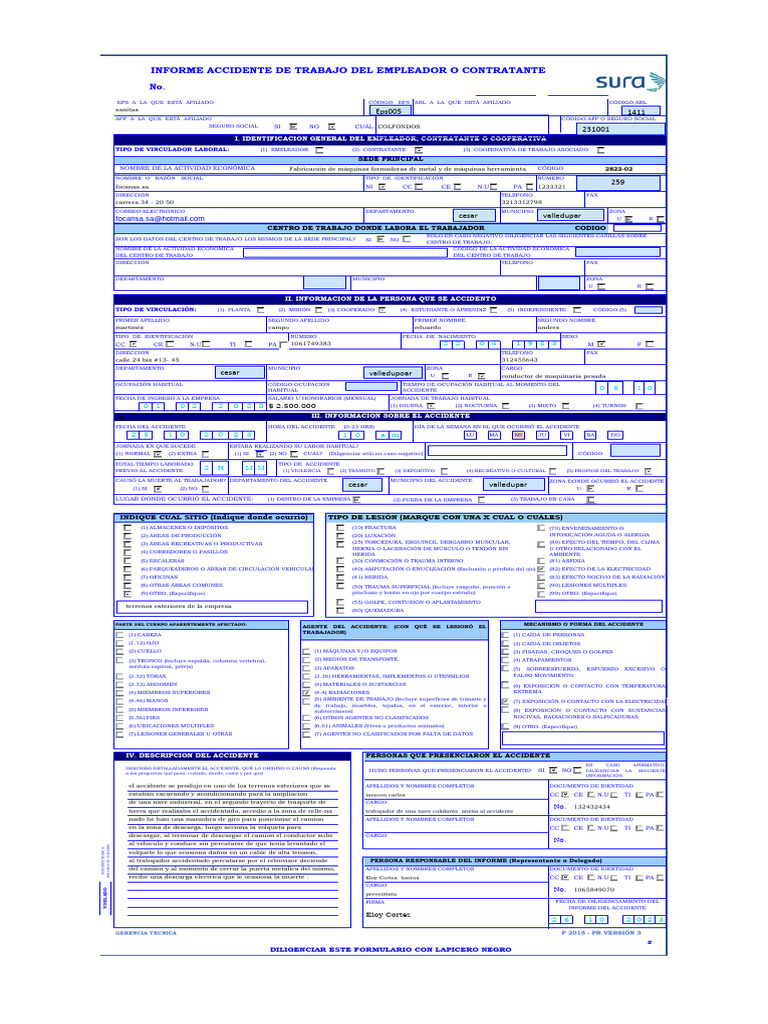 Informe de Accidente Laboral Sura | PDF | Lesión