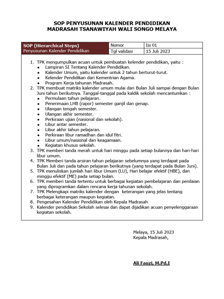 Sop Penyusunan Kalender Pendidikan | PDF