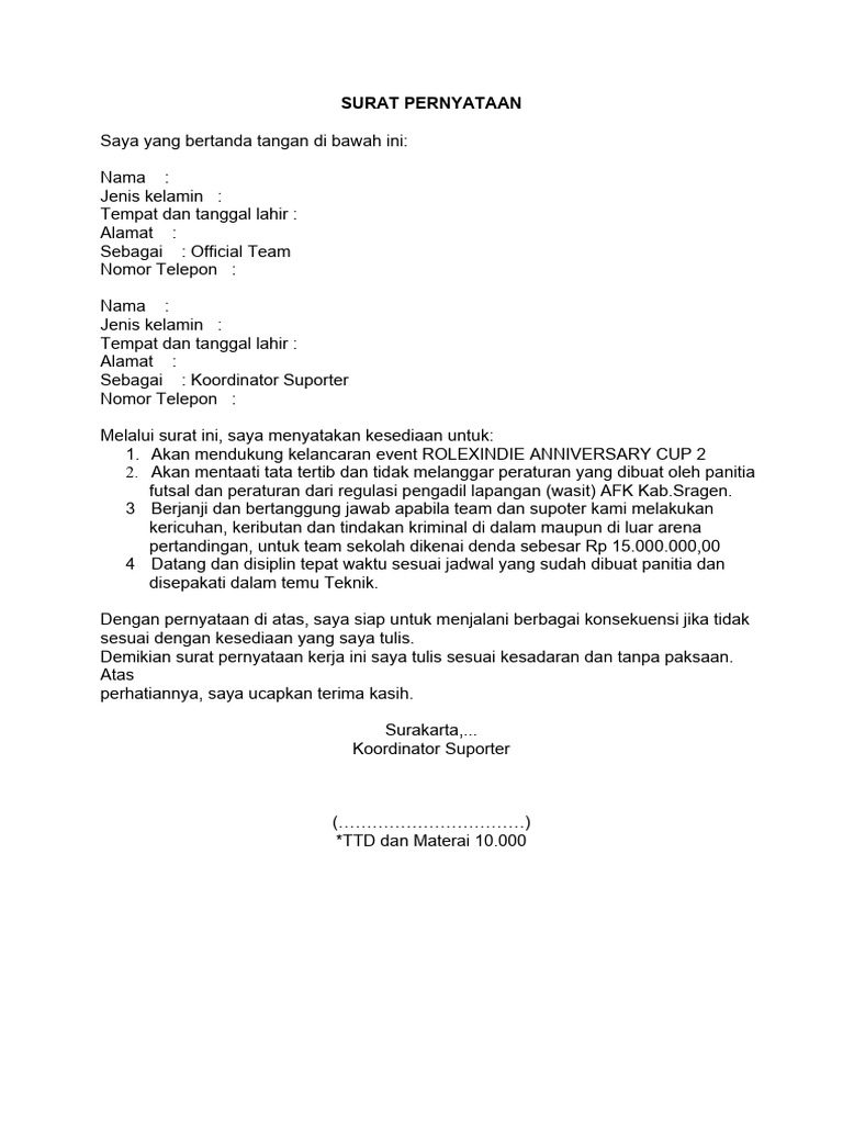 Surat Pernyataan Suporter | PDF