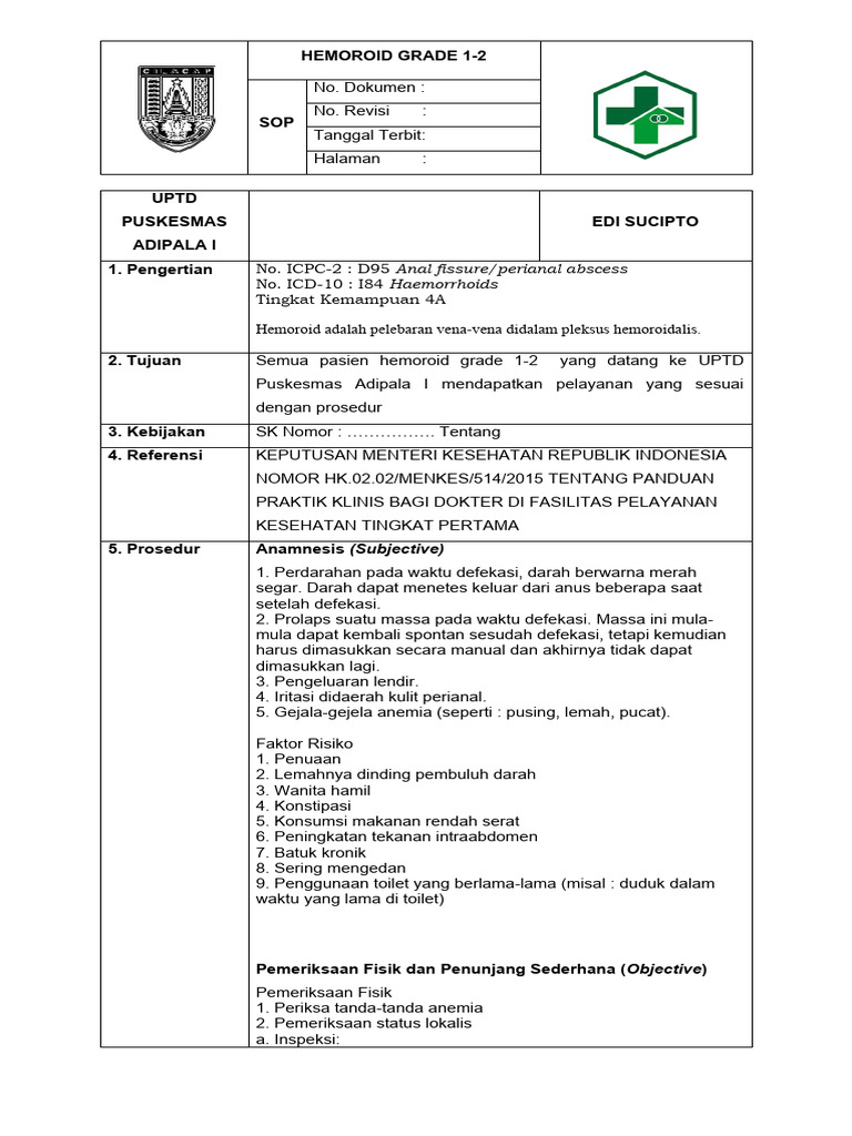 SOP Hemoroid Grade 1-2 | PDF