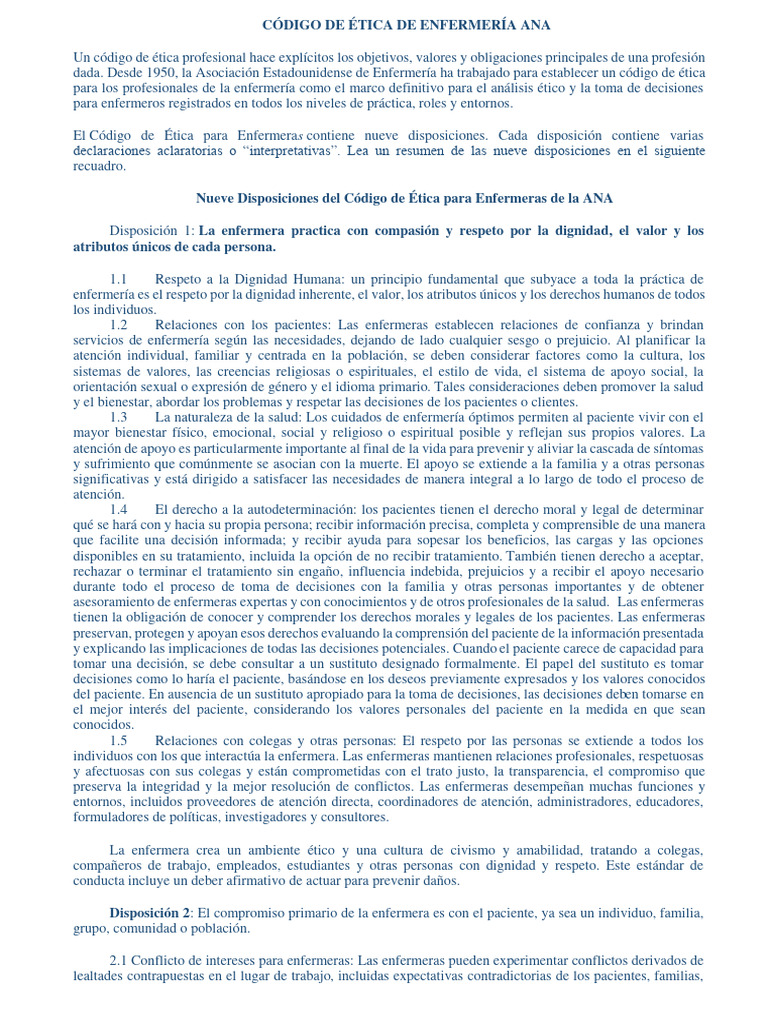 CÓDIGO DE ÉTICA DE ENFERMERÍA ANA Kell | PDF