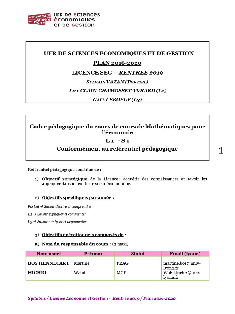 Syllabus L1 Maths Pour L'e - Conomie Et La Gestion | PDF | Matrice (Mathématiques ...