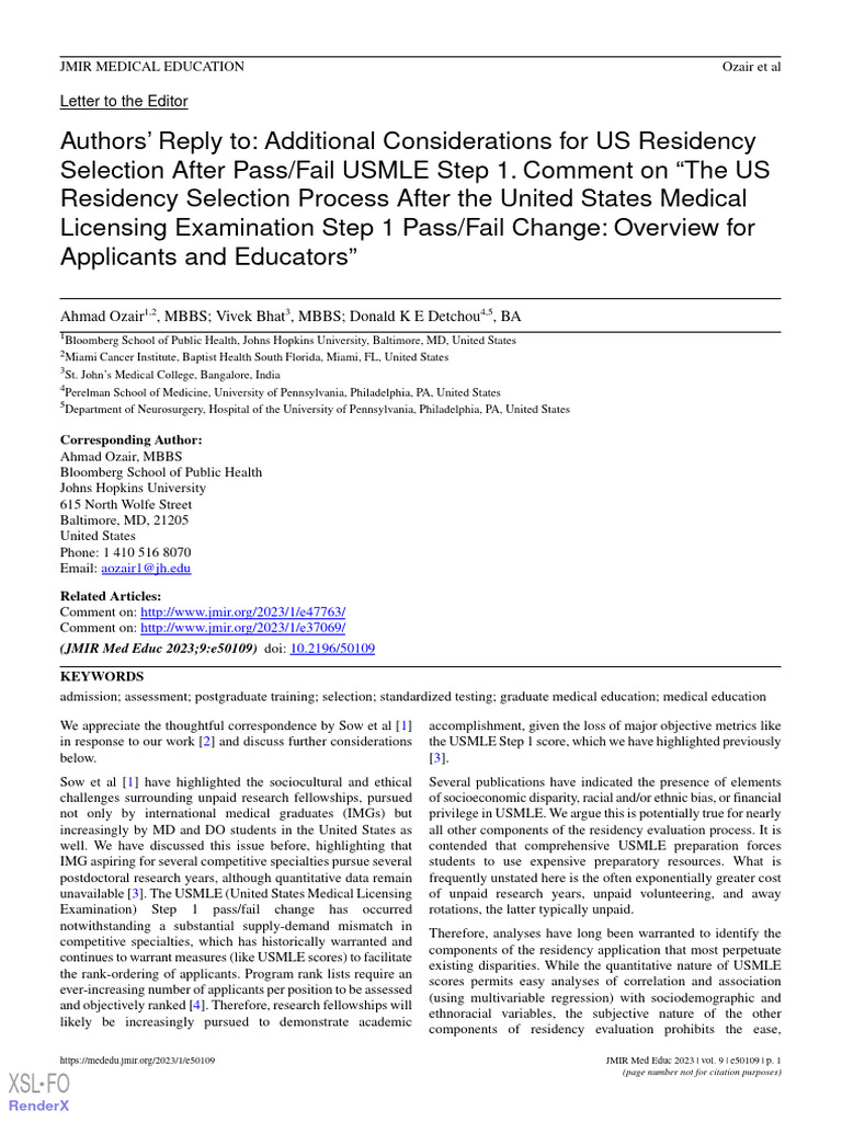 JMIR Med Edu - Response To Letter To Editor - USMLE Step 1 Pass Fail ...