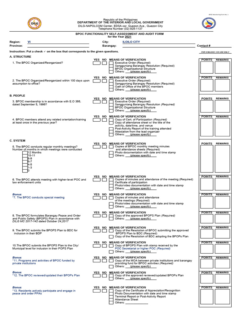 BPOC SELF-ASSESSMENT AND AUDIT FORM (BPOC Form 1) CY 2022 | PDF | Government