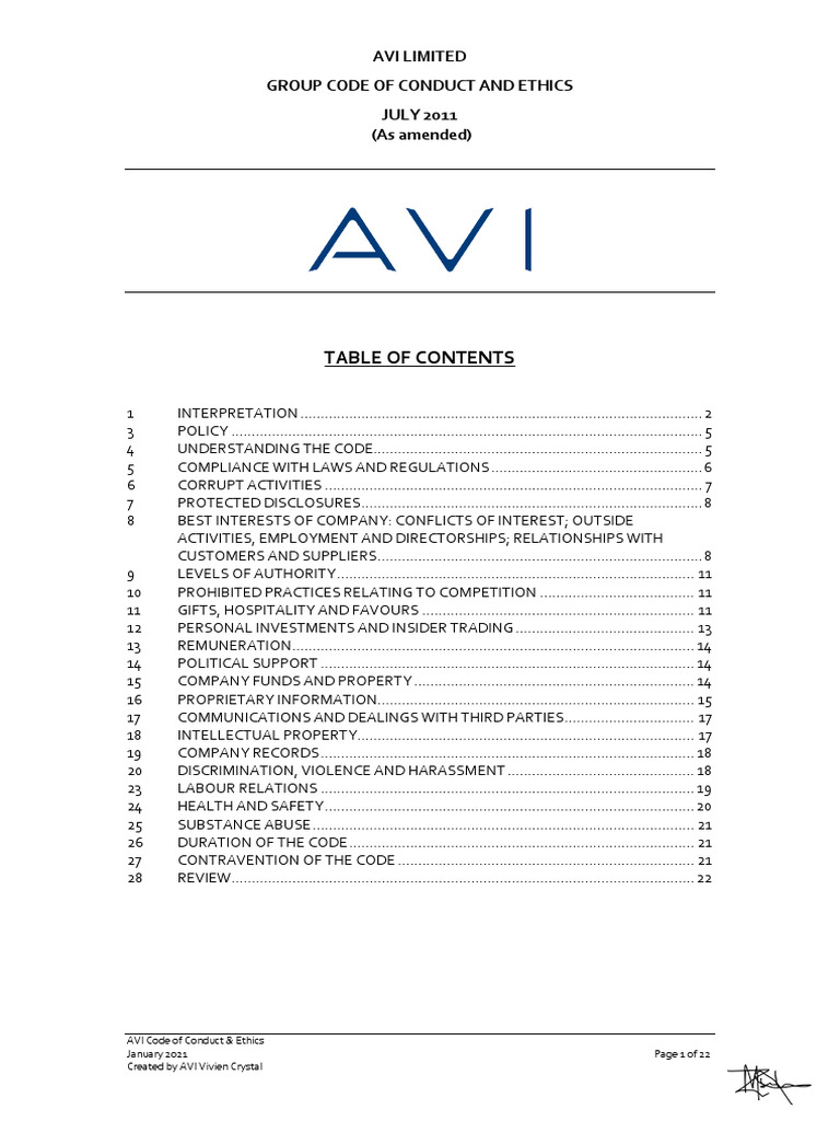 AVI Group Code of Conduct and Ethics Reviewed Jan 2021 | PDF | Conflict Of Interest | Trade Secret