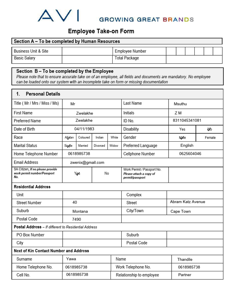 Employee Take-On Form (AVI - New) | PDF | Pension | Salary