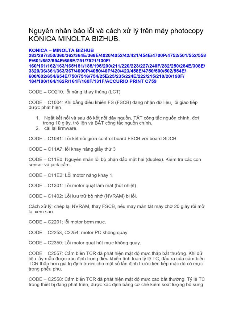 Fix Code Konica Minolta Bizhub | PDF