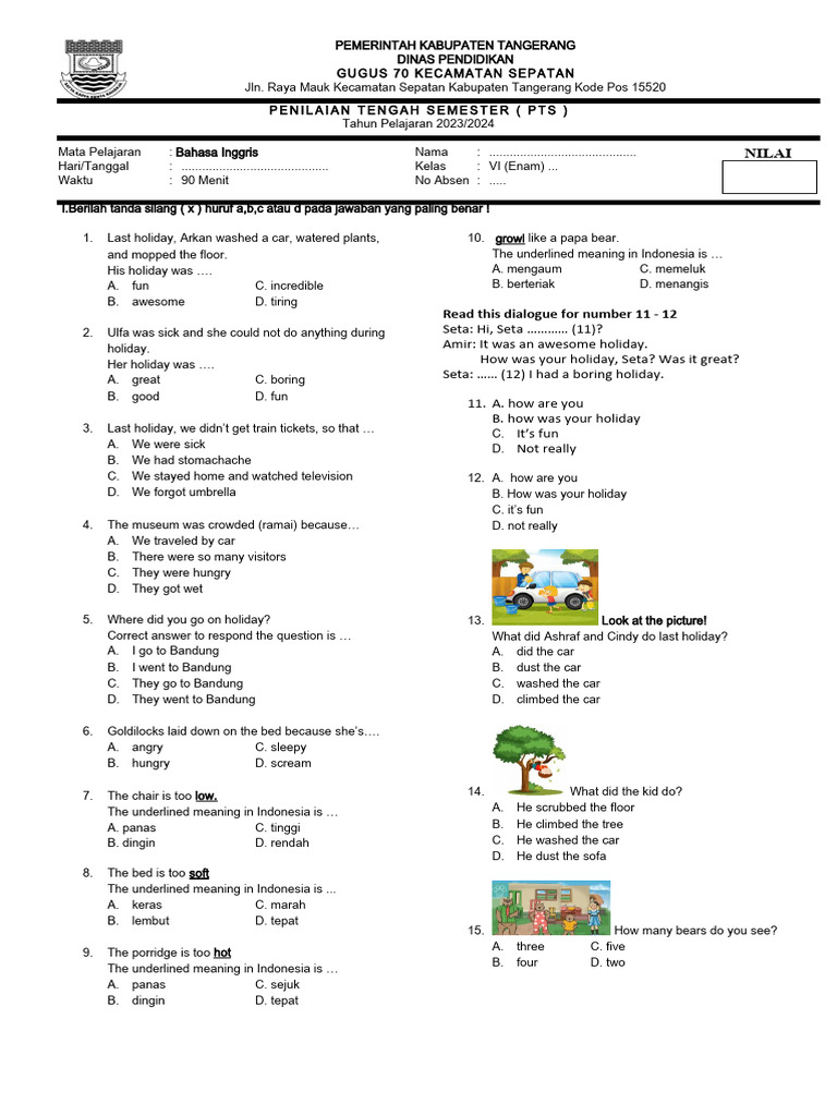 Soal Pts Bhs Inggris Kls 6 SMT 1 k13 | PDF