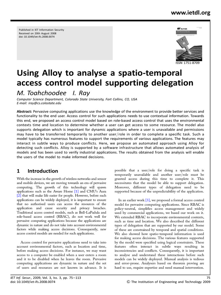 Using Alloy To Analyse A Spatio-Temporal Access Control Model Supporting delegation-Toahchoodee ...