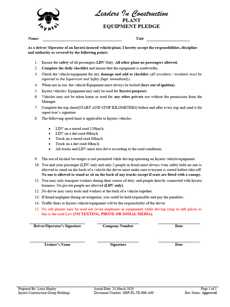 03 Equipment Pledge | PDF | Truck | Road