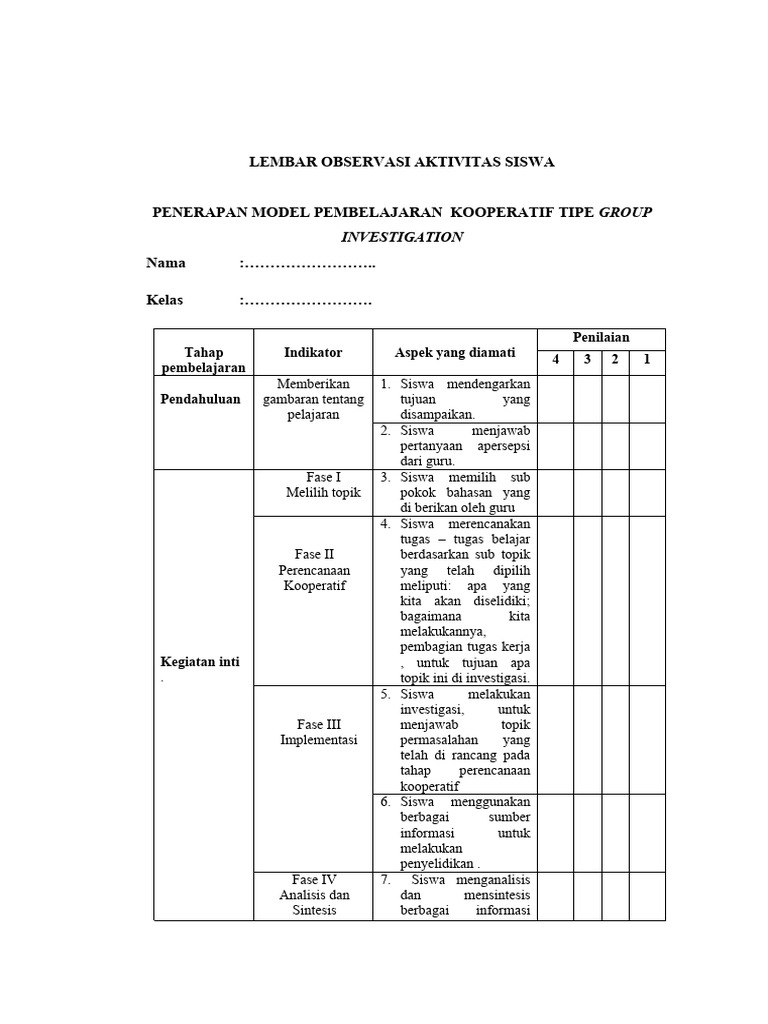 Lembar Observasi Aktivitas Siswa | PDF