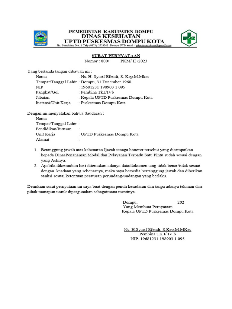 Surat Pernyataan Kepala Uptd | PDF