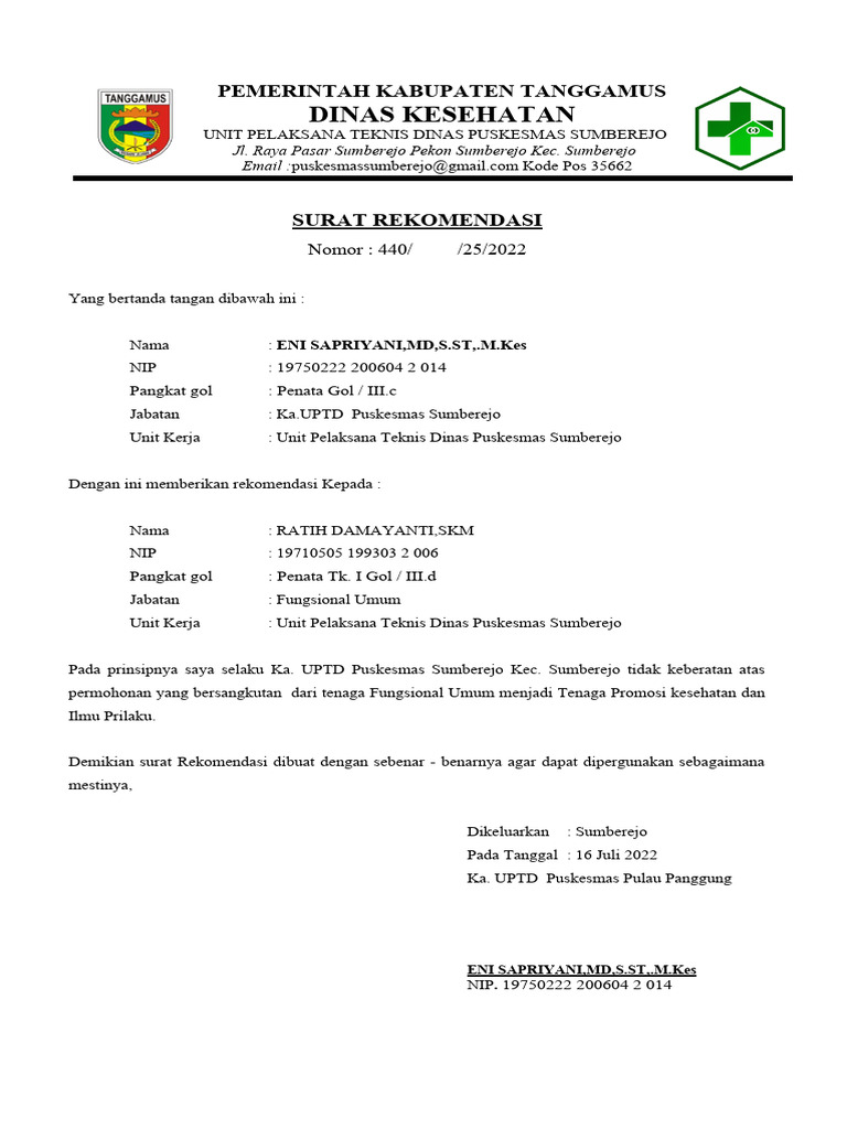 Surat Rekomendasi Ratih Damayanti, SKM | PDF